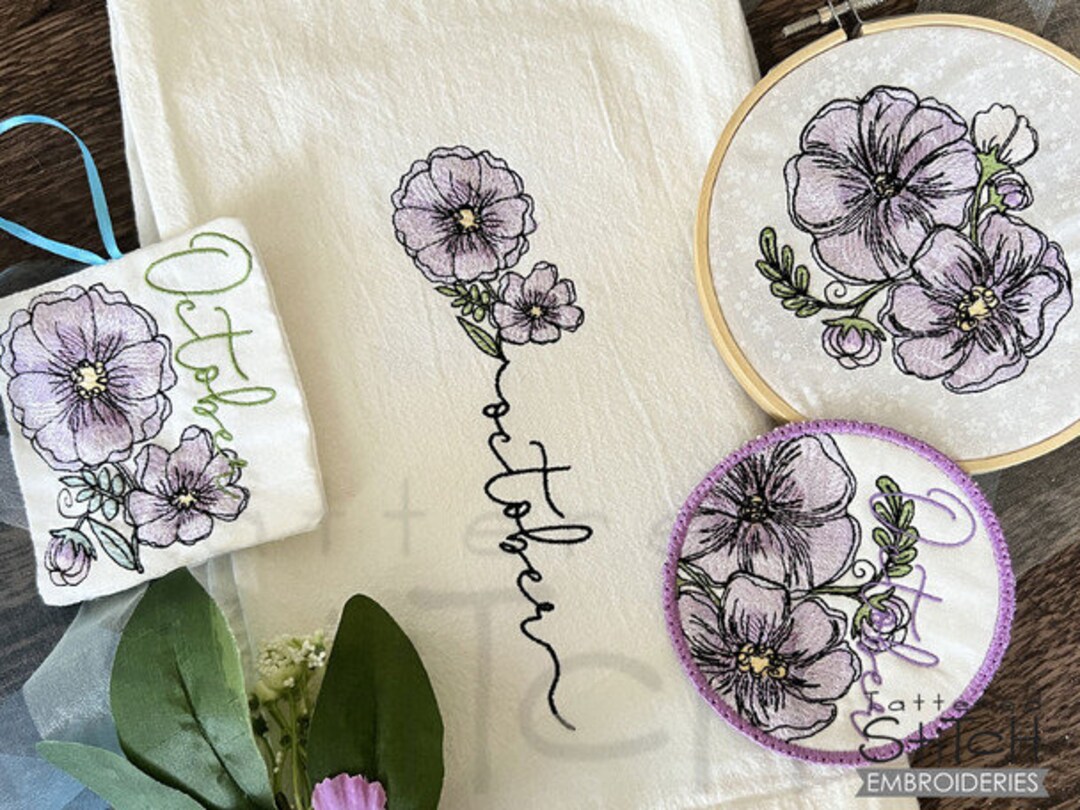 OCTOBER COSMOS Birth Month Flowers EMBROIDERY Bundle - Sachet, Coaster ...