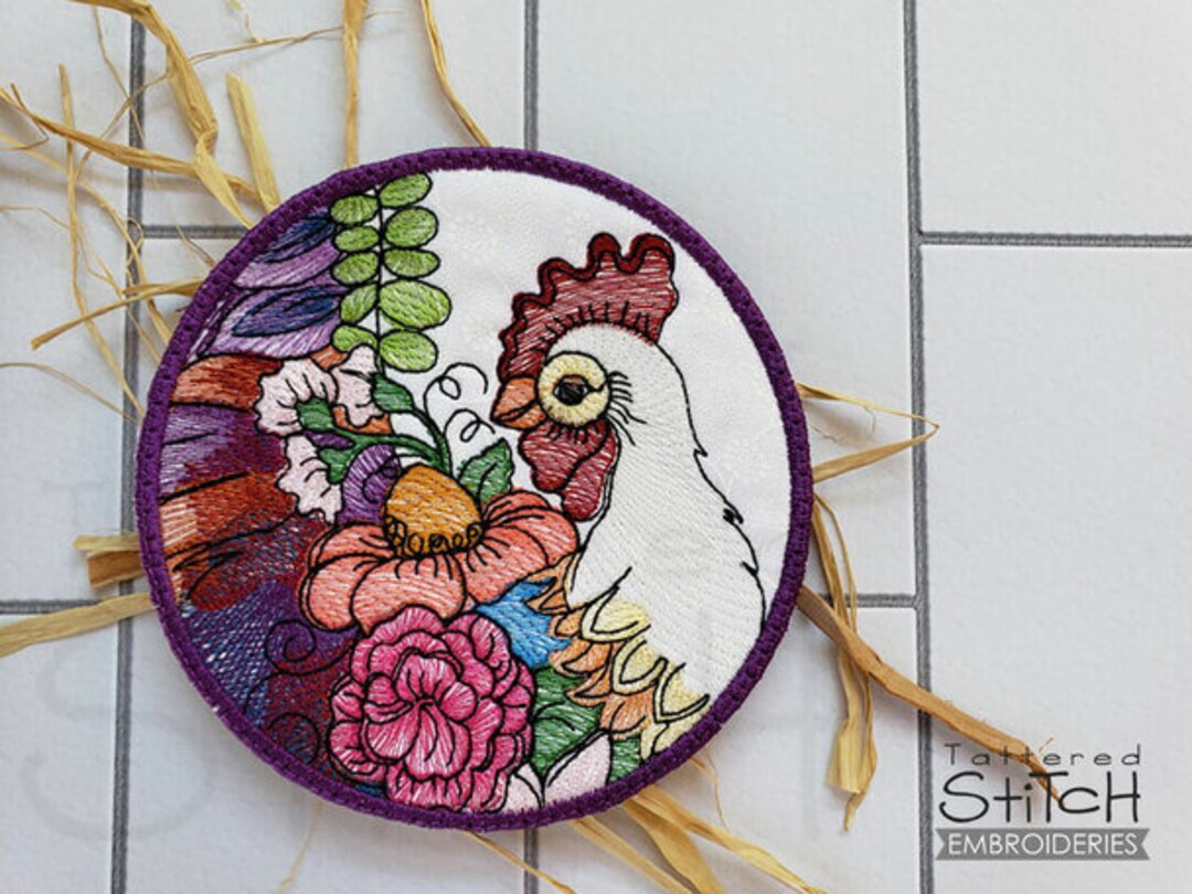 Floral CHICKEN EMBROIDERY COASTER - Floral, Chickens, Farm Animals ...