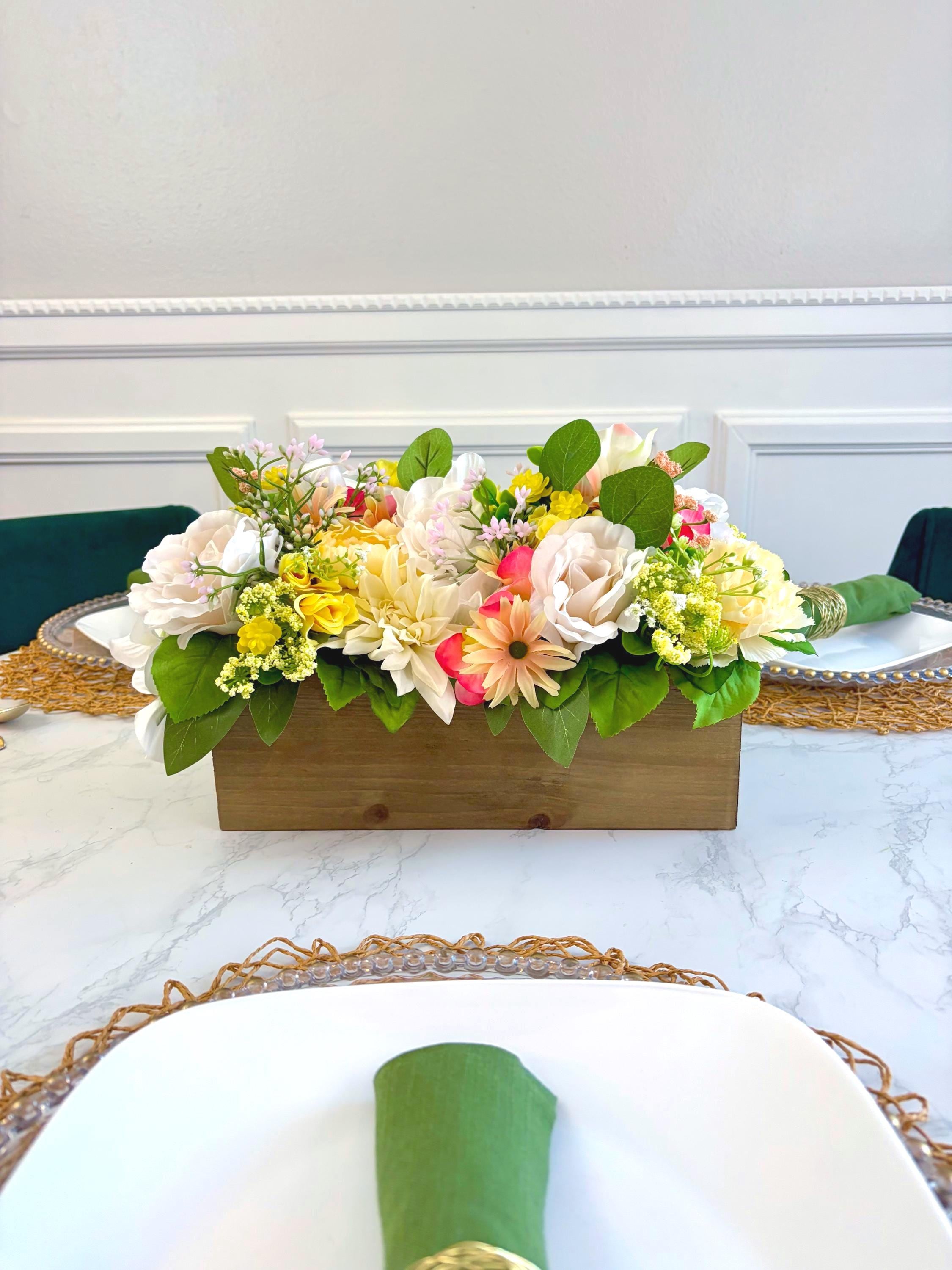 Summer Rose Dining Table Centerpiece, Yellow Centerpiece in Wood Box ...