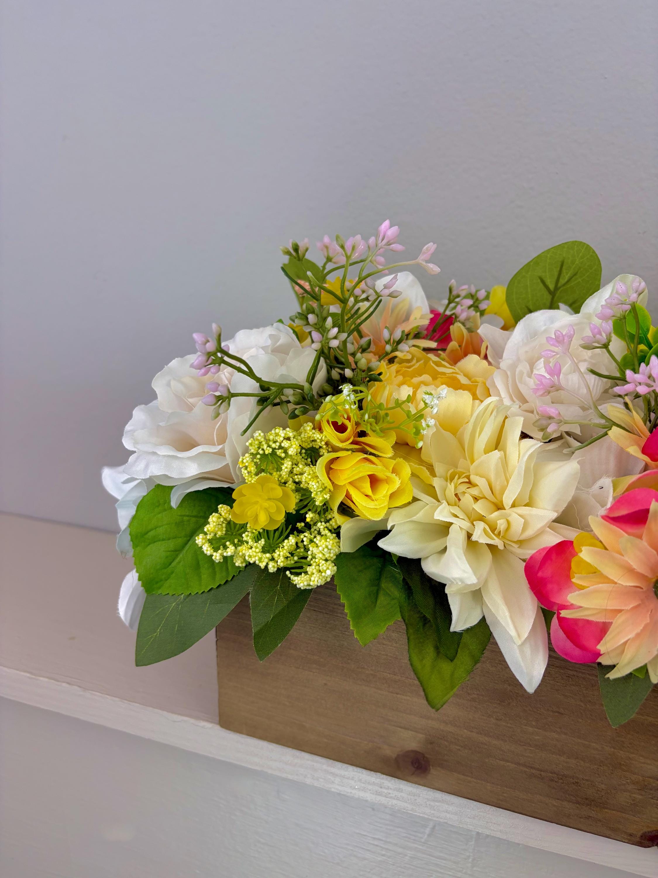 Summer Rose Dining Table Centerpiece, Yellow Centerpiece in Wood Box ...