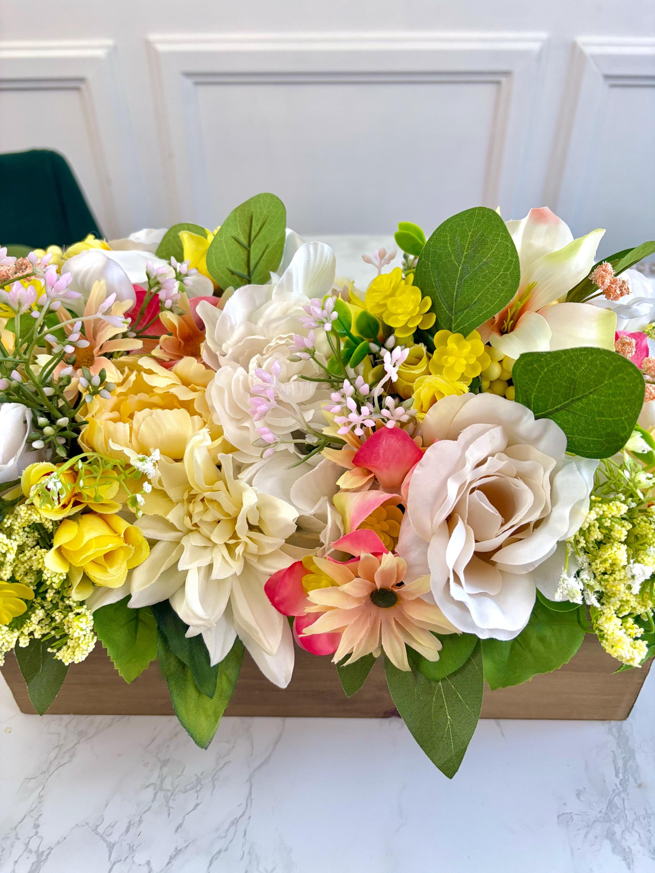 Summer Rose Dining Table Centerpiece, Yellow Centerpiece in Wood Box ...