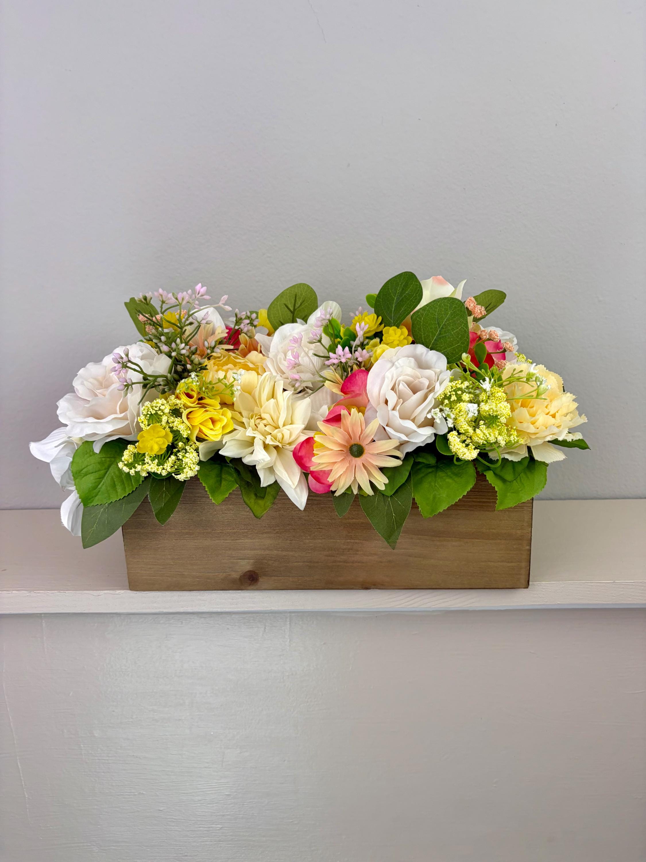 Summer Rose Dining Table Centerpiece, Yellow Centerpiece in Wood Box ...