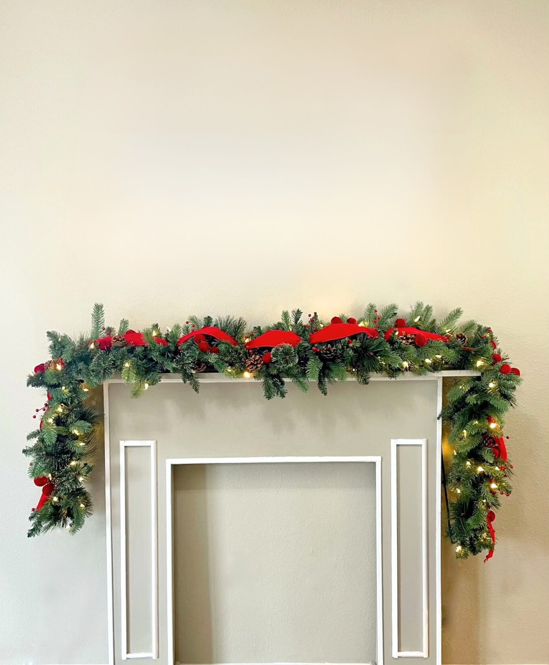 Red Velvet Christmas Garland With White Colored Lights, Artificial Pine ...