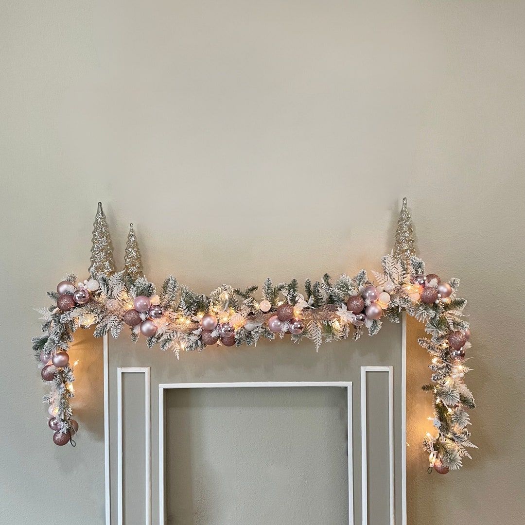 Pink and White Flocked Christmas Garland, Staircase Garland, Pastel ...