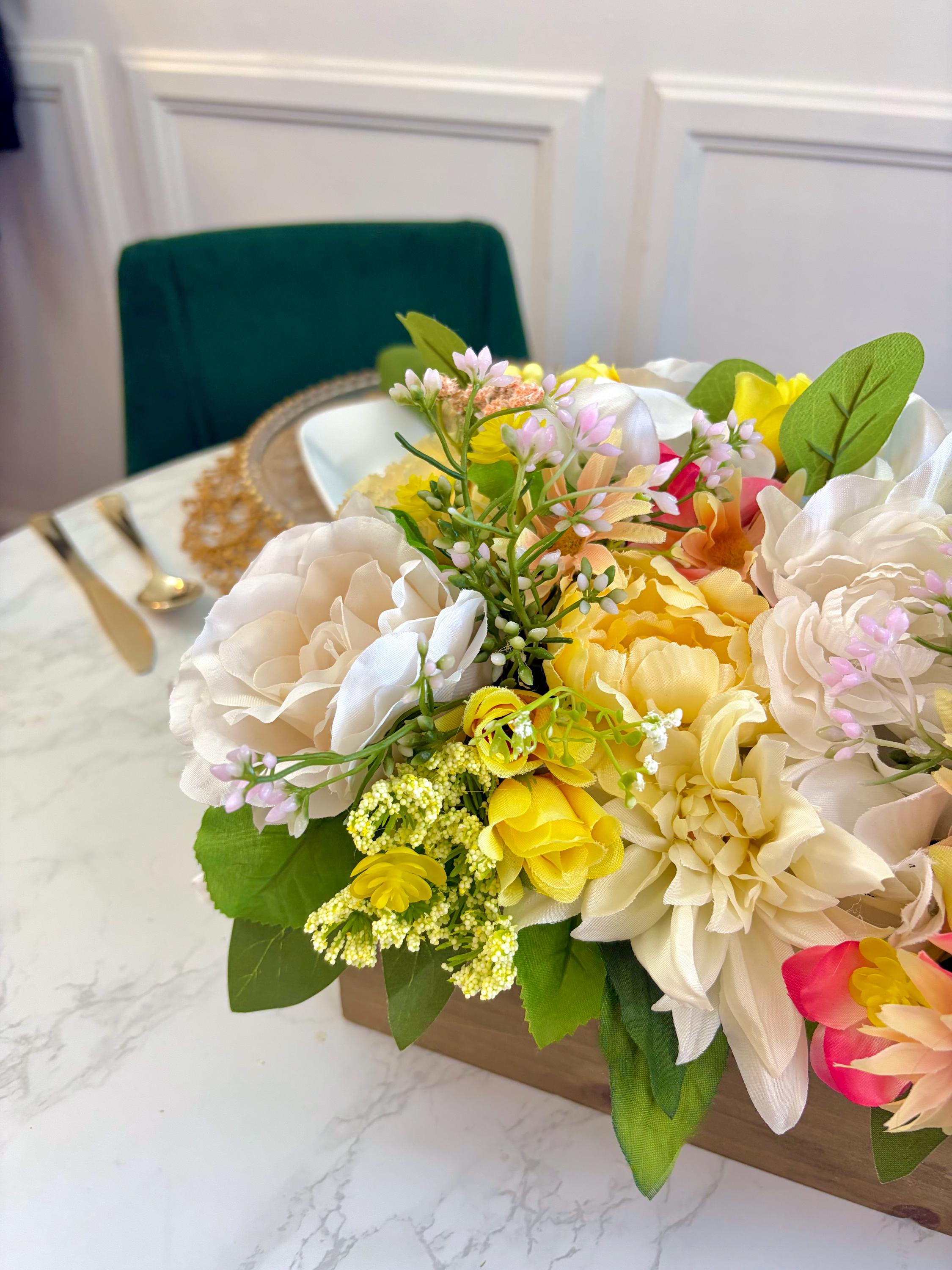 Summer Rose Dining Table Centerpiece, Yellow Centerpiece in Wood Box ...