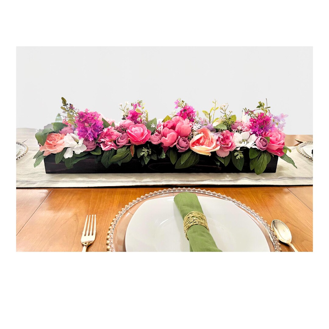 Spring Fuchsia Dining Table Centerpiece, Pink Rose Long Floral ...