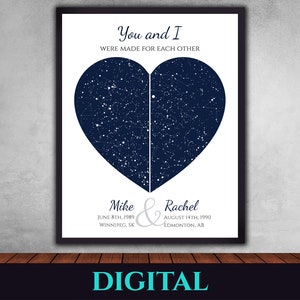 Star Map, Night Sky, 2 Hearts Split, V2, Birthday, Wedding, Anniversary ...