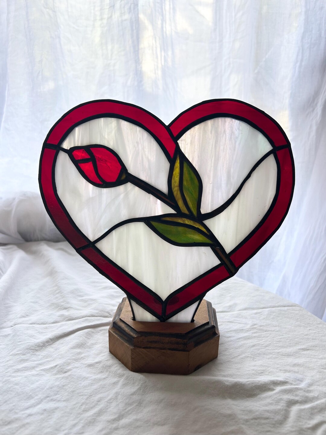 Vintage Stained Glass Rose in Heart With Wood Stand - Etsy