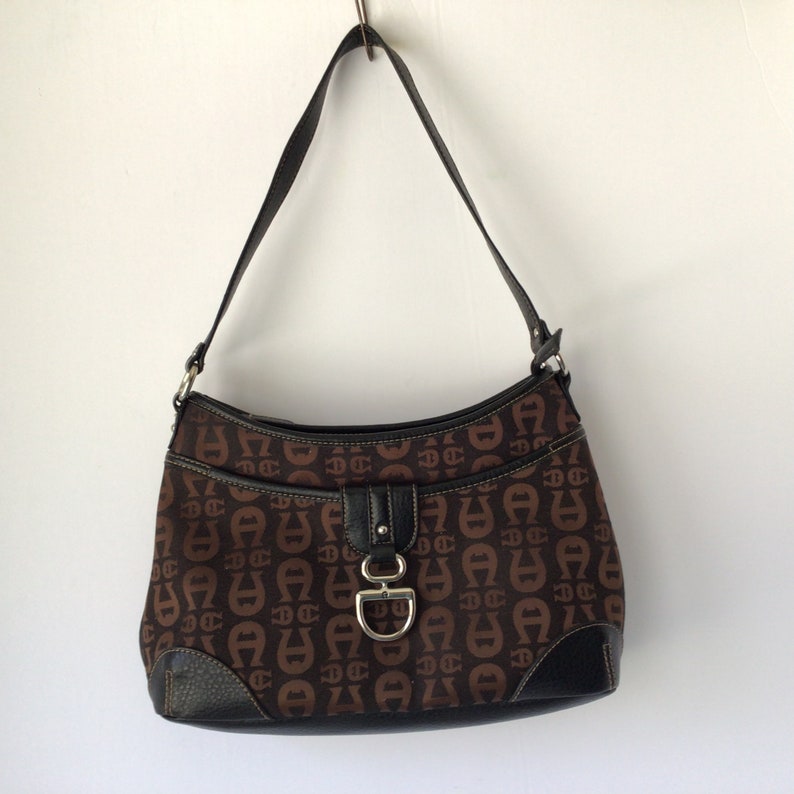 Etienne Aigner Signature Brown Fabric and Black Leather - Etsy