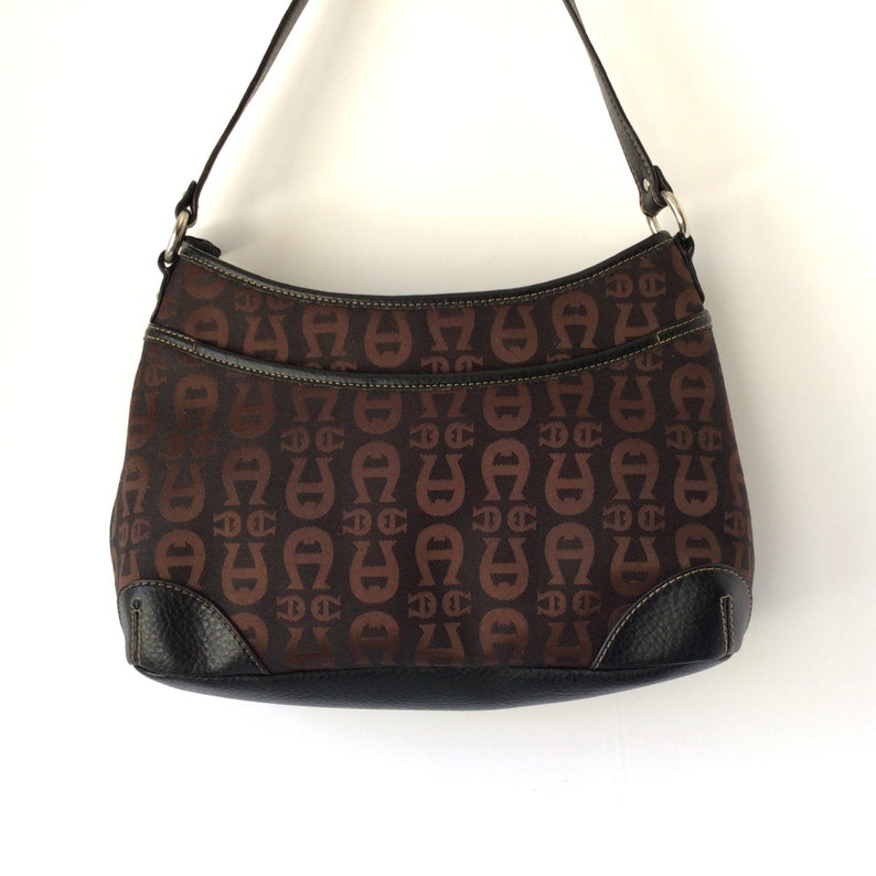 Etienne Aigner Signature Brown Fabric and Black Leather - Etsy