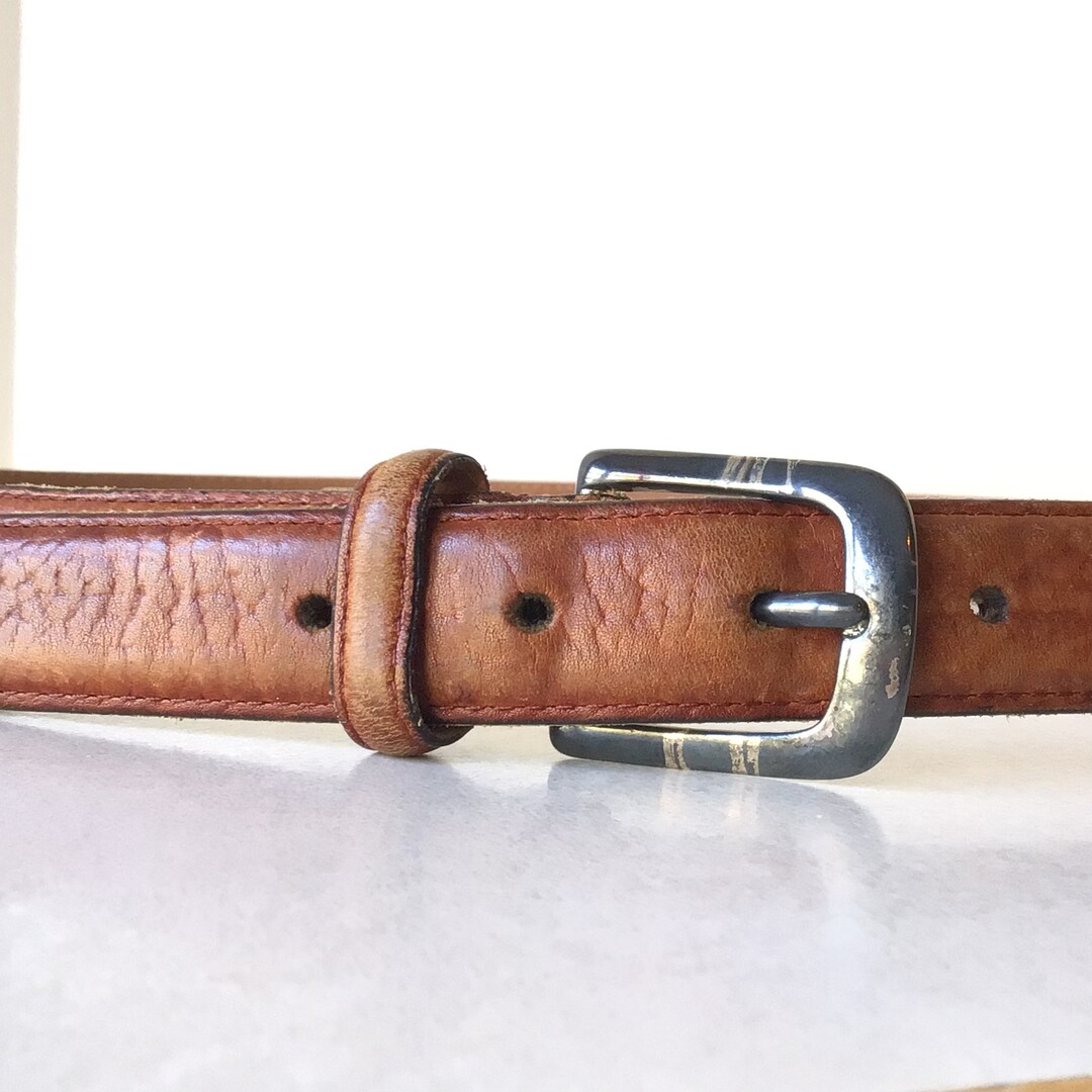 Perry Ellis Genuine Leather Brown Belt With Solid Brass Silver Tone ...