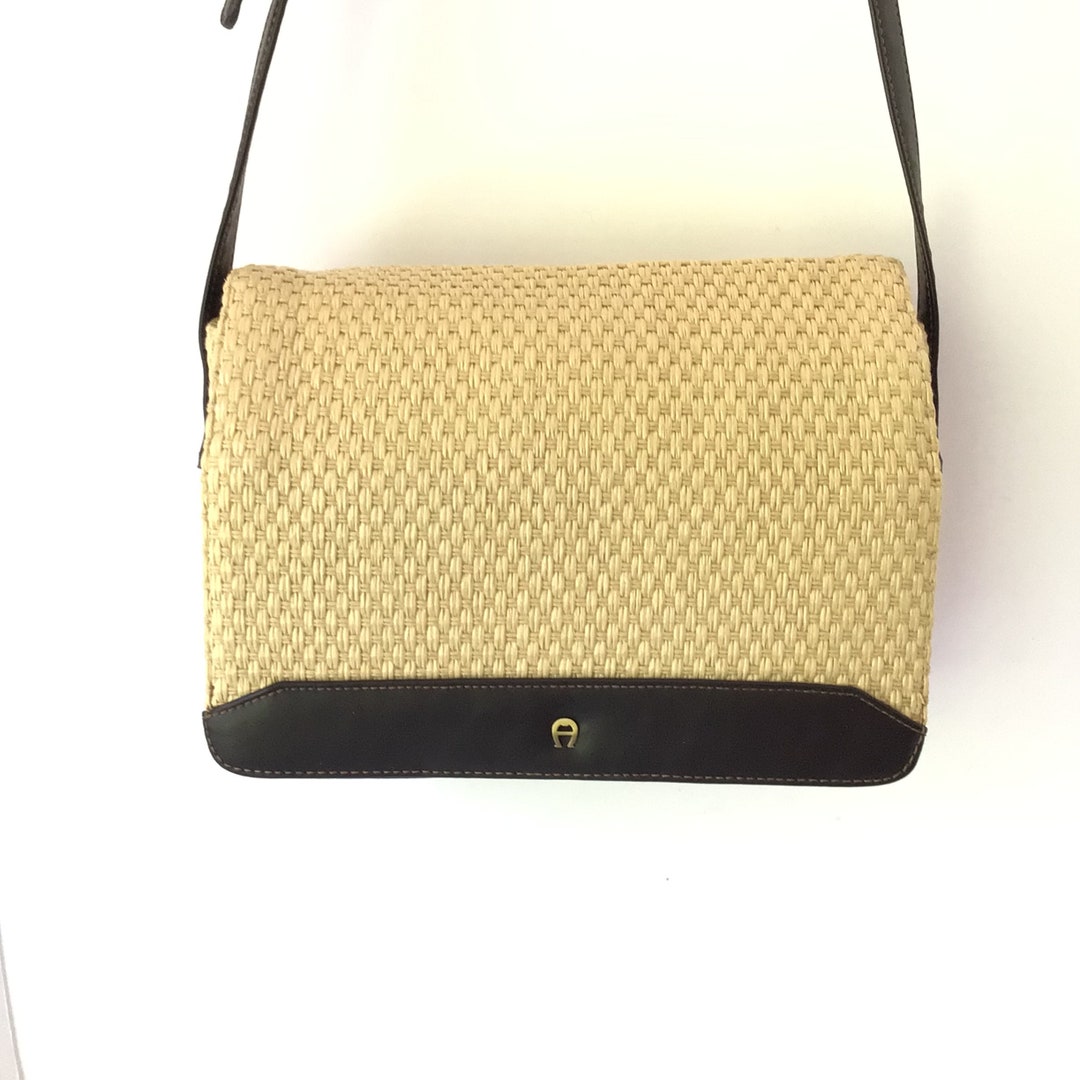 Etienne Aigner Woven Straw and Vinyl Shoulder Bag in Tan and Dark Brown ...