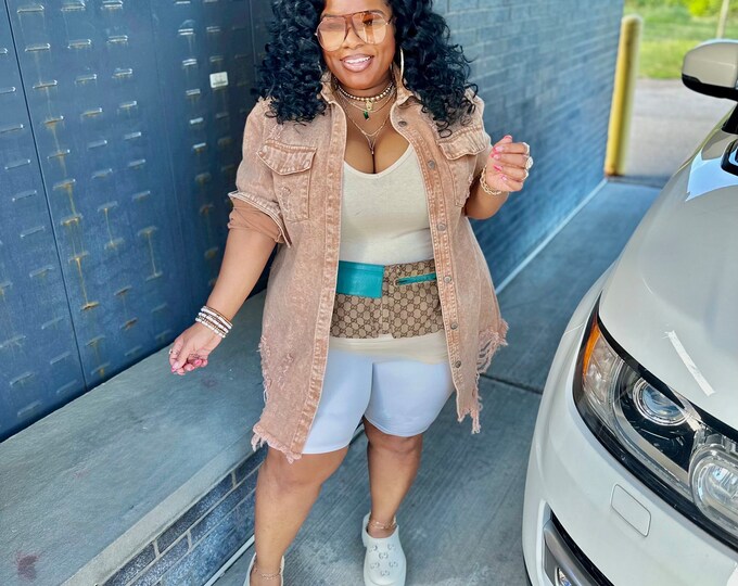 Brown Distressed Denim Shacket - Etsy