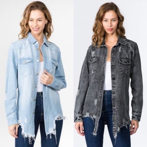 Grey Distressed Denim Shacket - Etsy