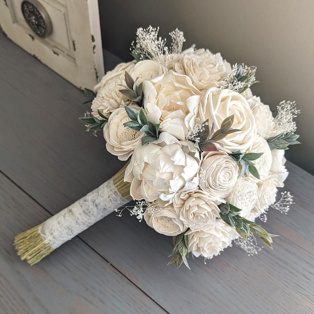 All Ivory Sola Wood Flower Bouquet With Baby's Breath and Greenery ...