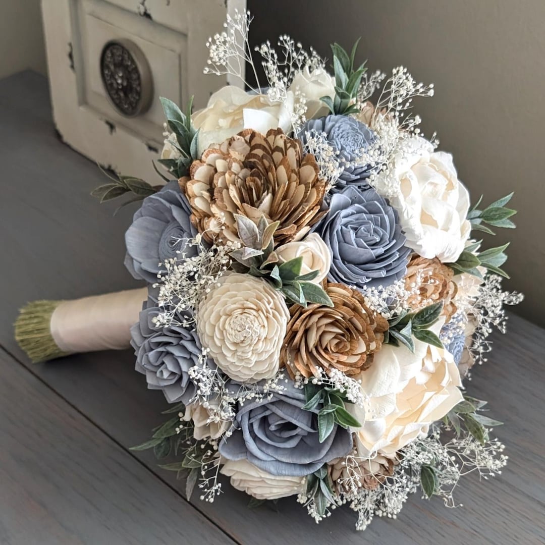 Dusty Blue, Natural, and Ivory Sola Wood Flower Bouquet With Baby's ...