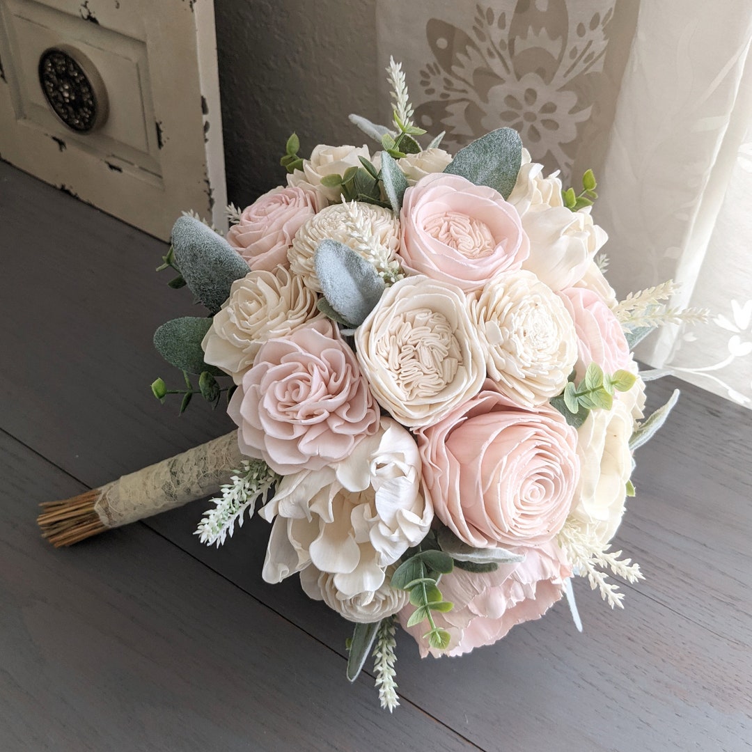 Blush and Ivory Sola Wood Flower Bouquet With Mixed Greenery Bridal ...
