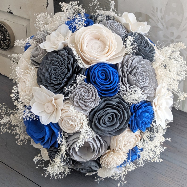 Royal Blue Light Gray Charcoal and Ivory Sola Wood Flower - Etsy