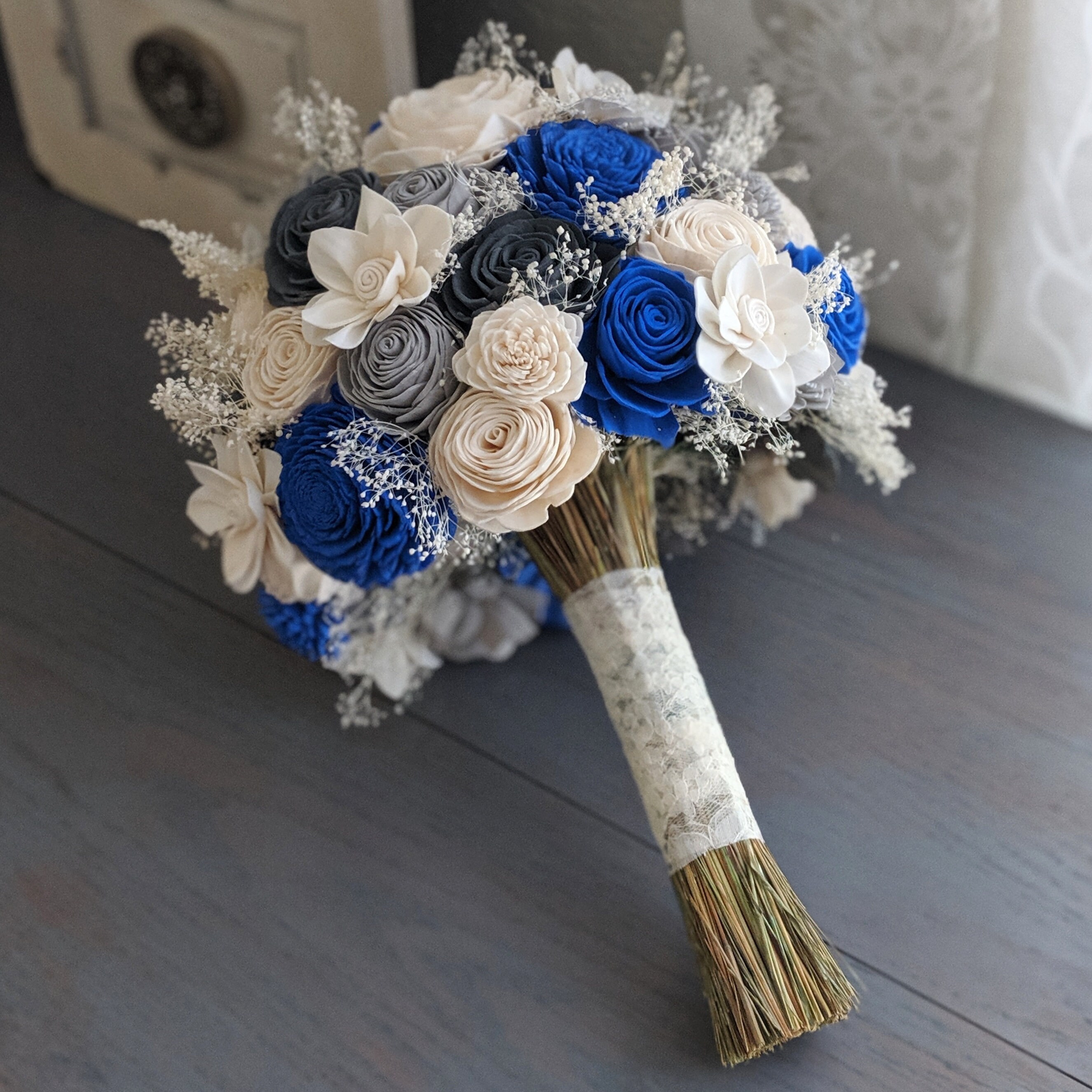 Royal Blue Light Gray Charcoal and Ivory Sola Wood Flower - Etsy