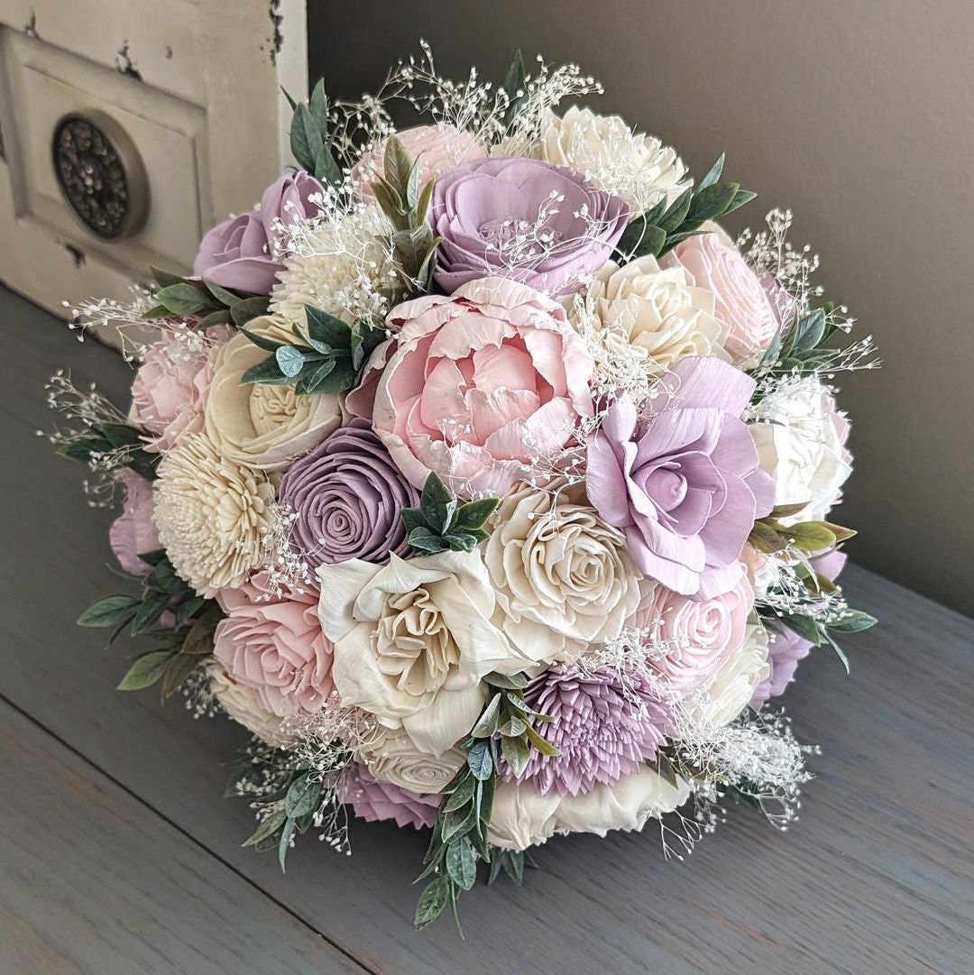 Blush, Lilac, and Ivory Sola Wood Flower Bouquet With Baby's Breath and ...