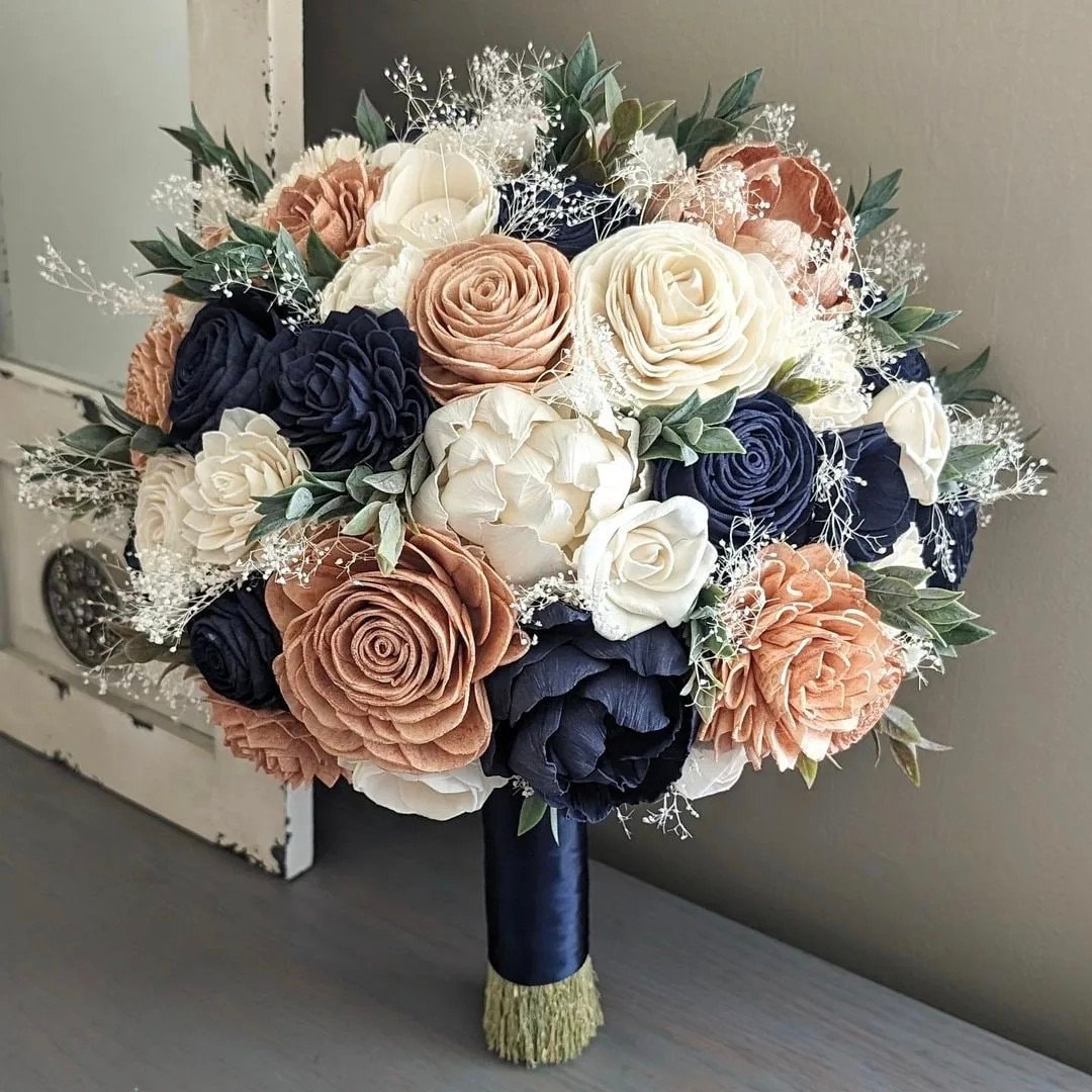 Navy, Rose Gold, and Ivory Sola Wood Flower Bouquet With Baby's Breath ...