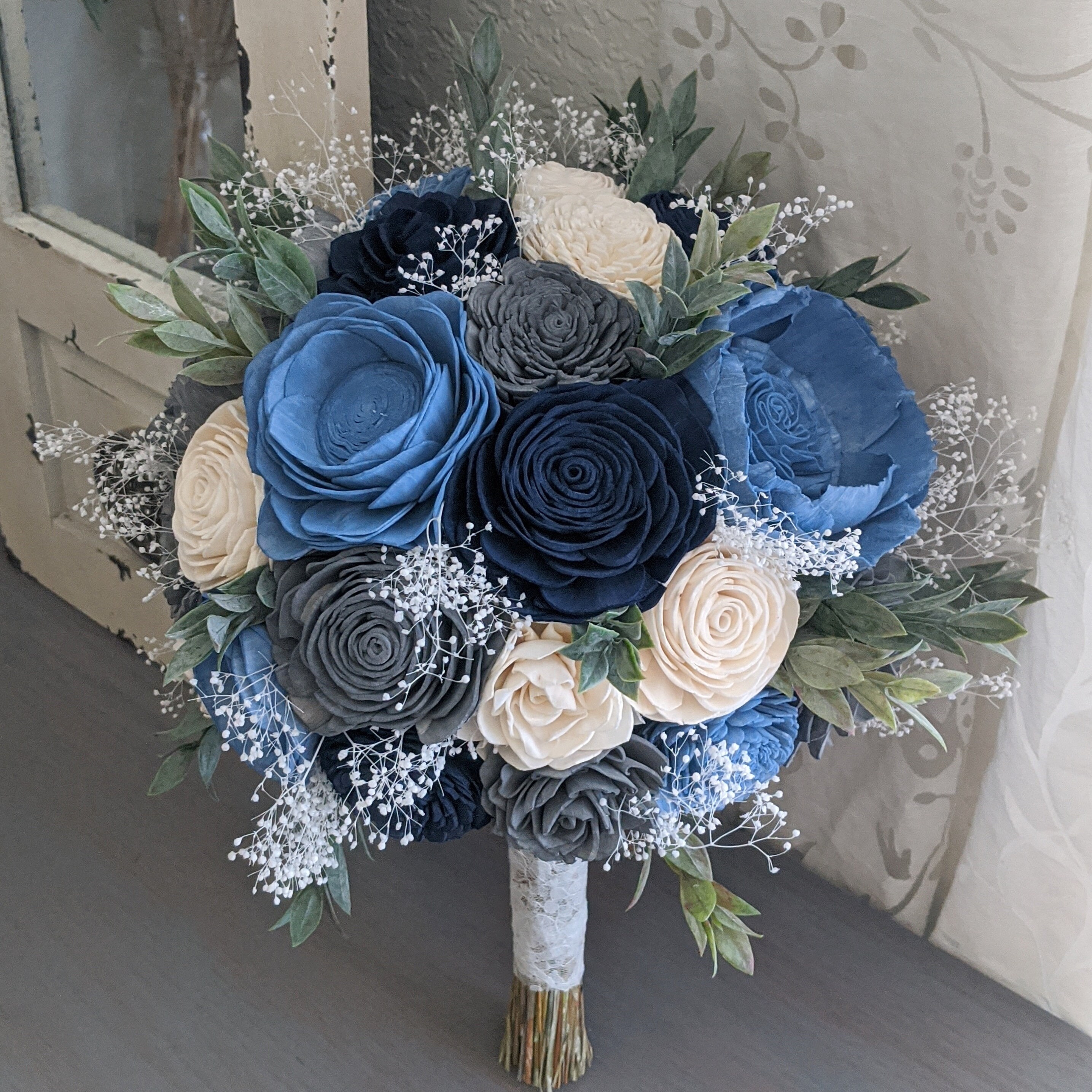 Steel Blue, Charcoal, Navy, and Ivory Sola Wood Flower Bouquet With ...
