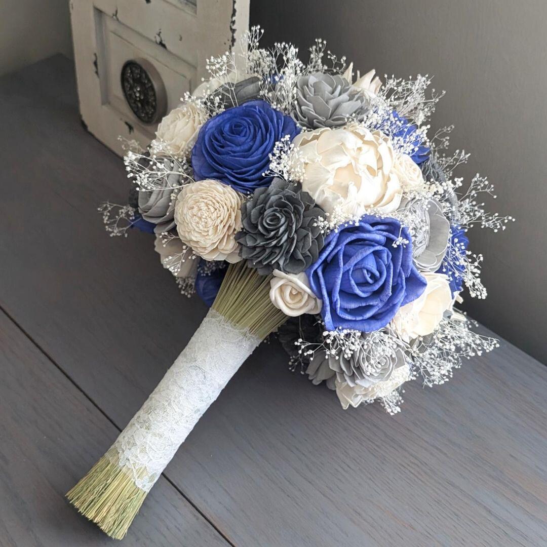 Royal Blue, Light Gray, Charcoal, and Ivory Sola Wood Flower Bouquet ...