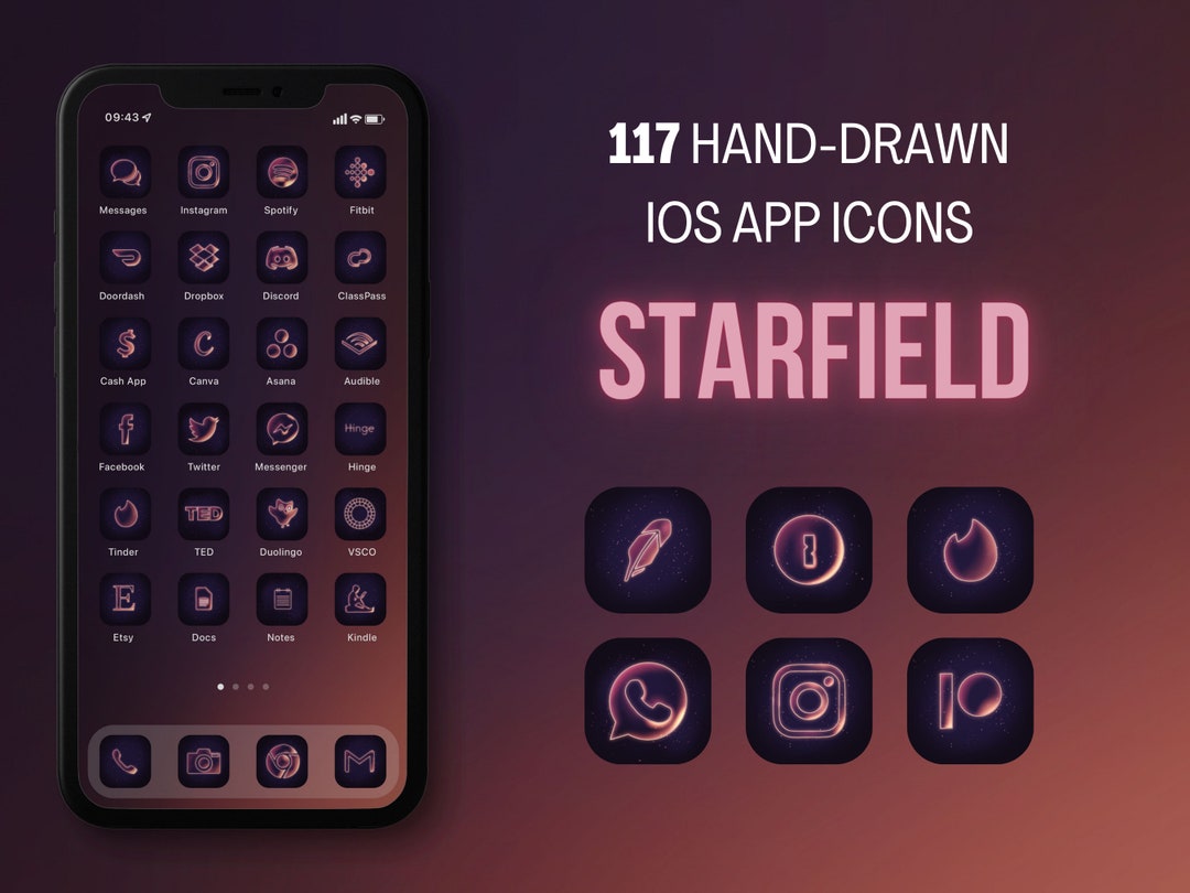 HAND DRAWN Ios App Icons Futuristic Glass Look Dark Icon Pack Pink and ...