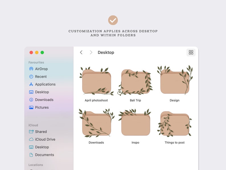 Cozy Hand Drawn Folder Icons, Boho Plants and Leaves, Desktop Folder ...