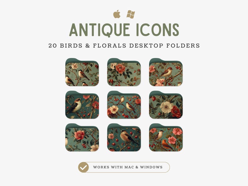 Desktop Icons Flowers & Birds, Beautiful Antique-style Folder Icons for ...