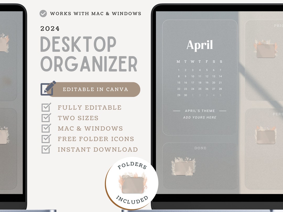 2024 Editable Desktop Organizer Wallpaper With Calendar Boho Dry ...