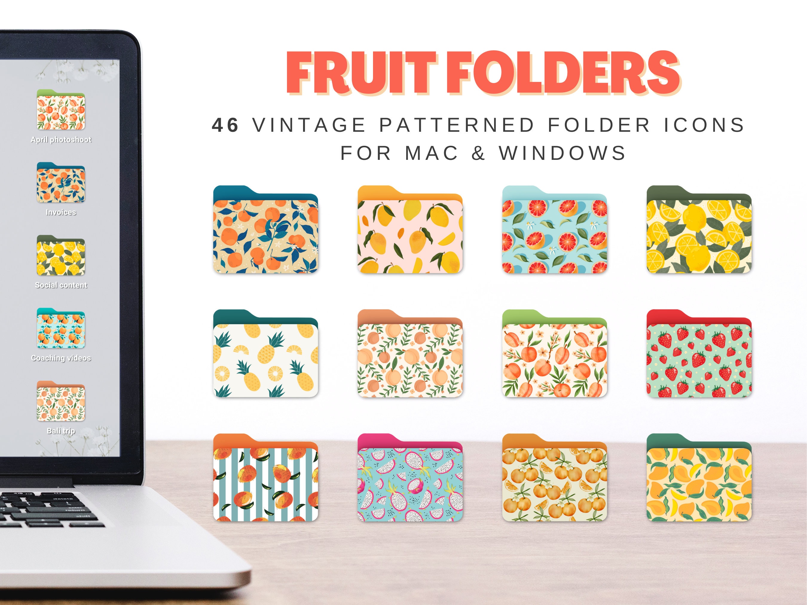 Cute Folder Icons for Mac and Windows | Vintage Patterned Fruit Desktop ...