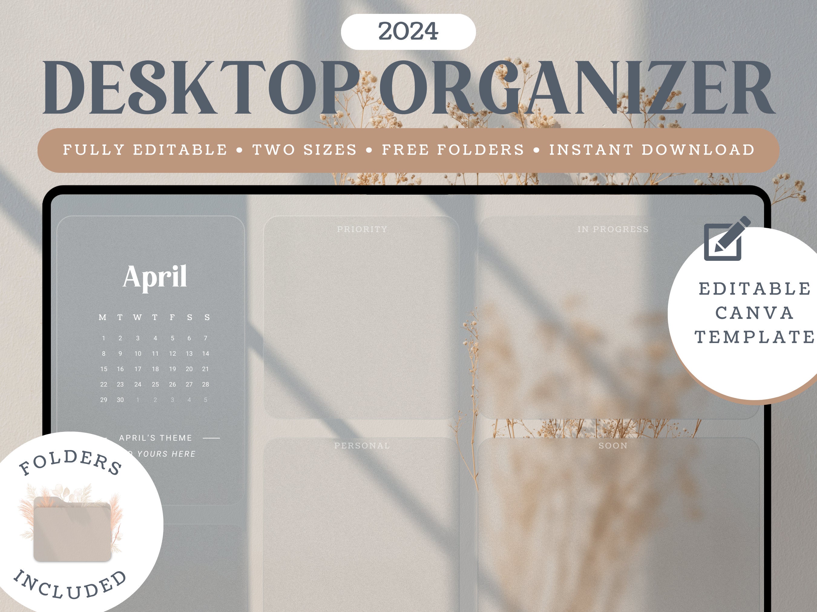 2024 Editable Desktop Organizer Wallpaper With Calendar Boho Dry ...