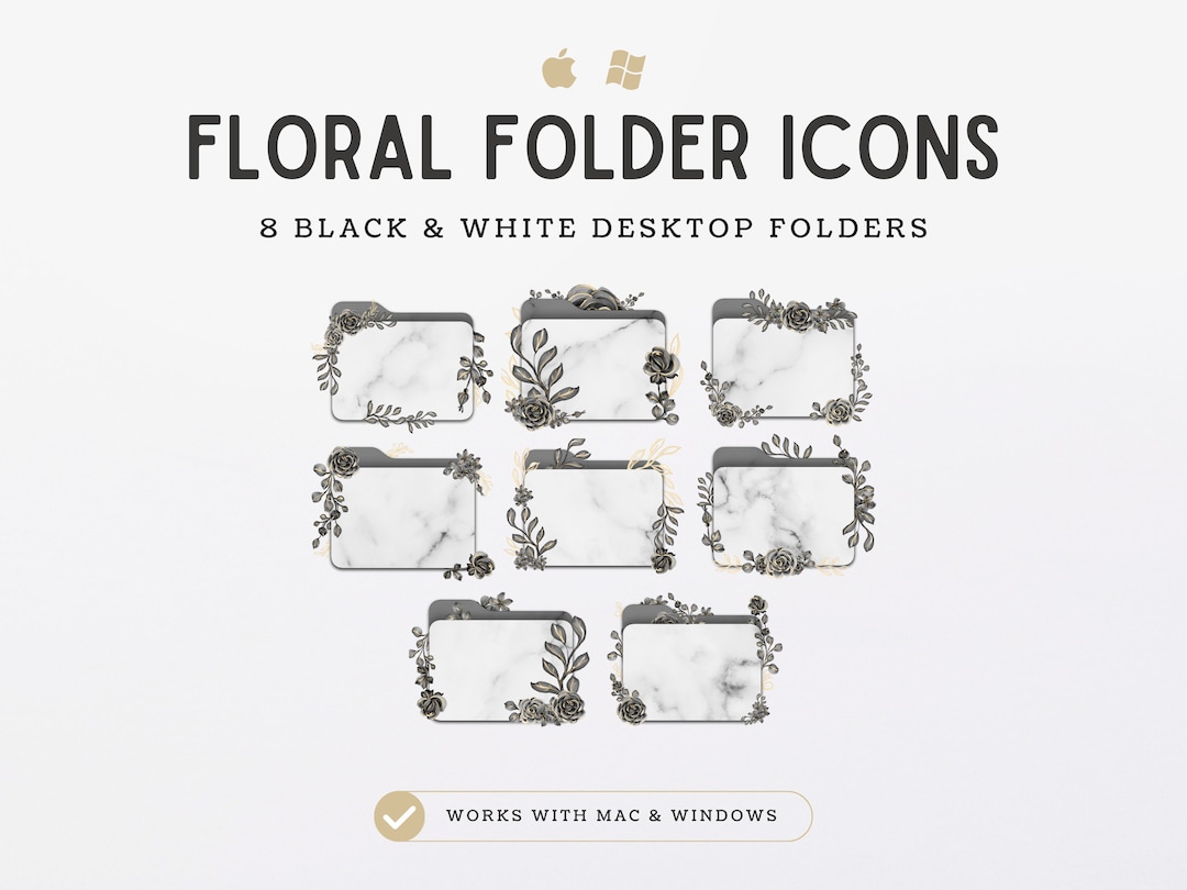 Black & Gold Floral Folder Icons for Mac and Windows, Elegant Marble ...