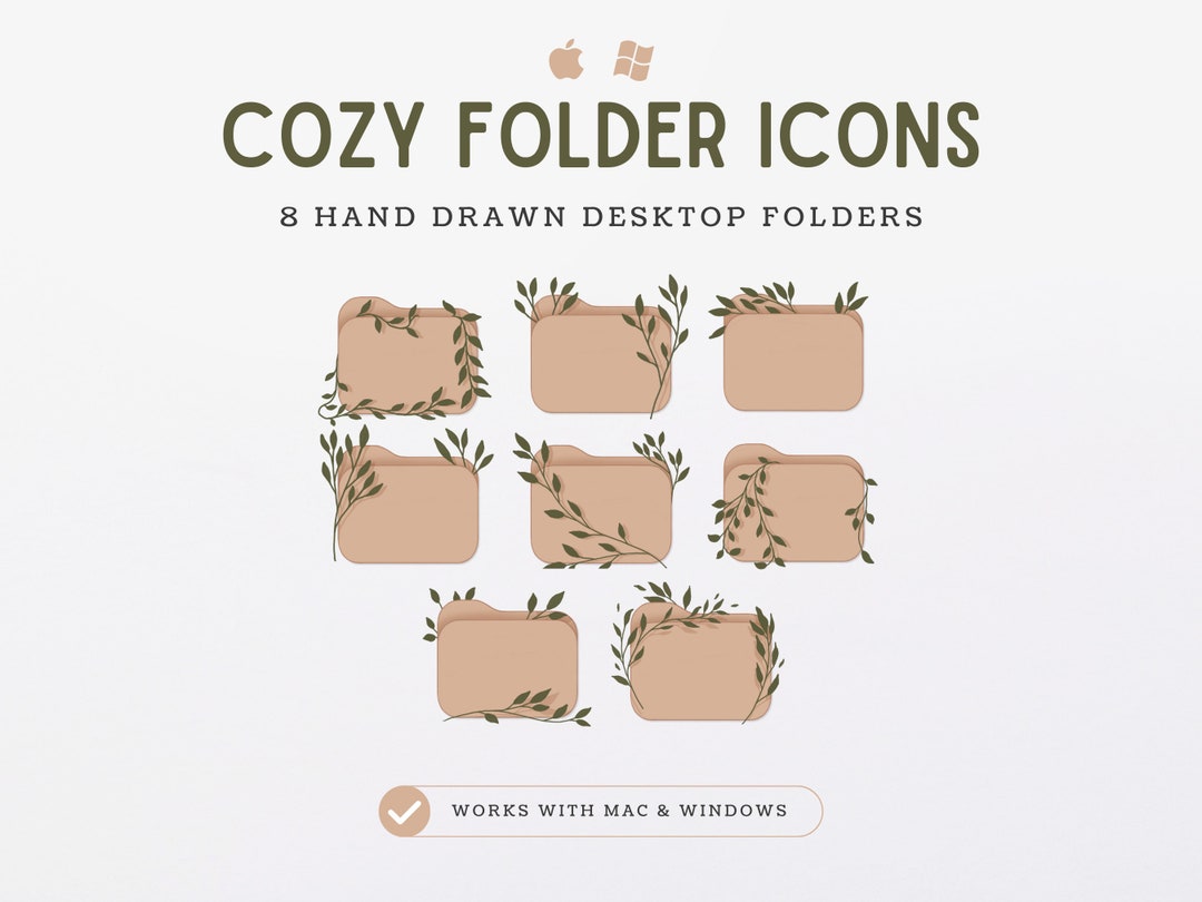 Cozy Hand Drawn Folder Icons, Boho Plants and Leaves, Desktop Folder ...
