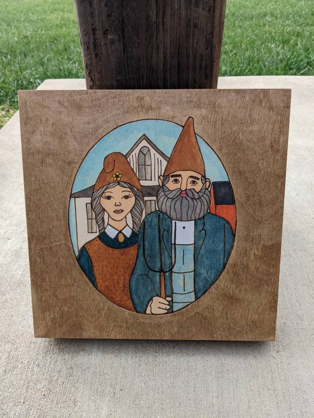 Gnome American Gothic Pyrography and Watercolor Wood Wall Art - Etsy