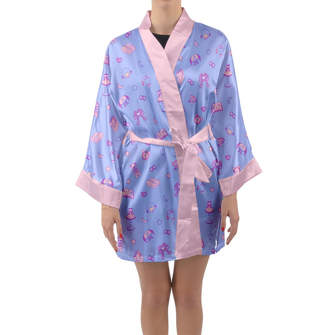 Kawaii Robe Bed Time Aesthetics Blue Pink Satin Kimono Sleepwear Cute ...
