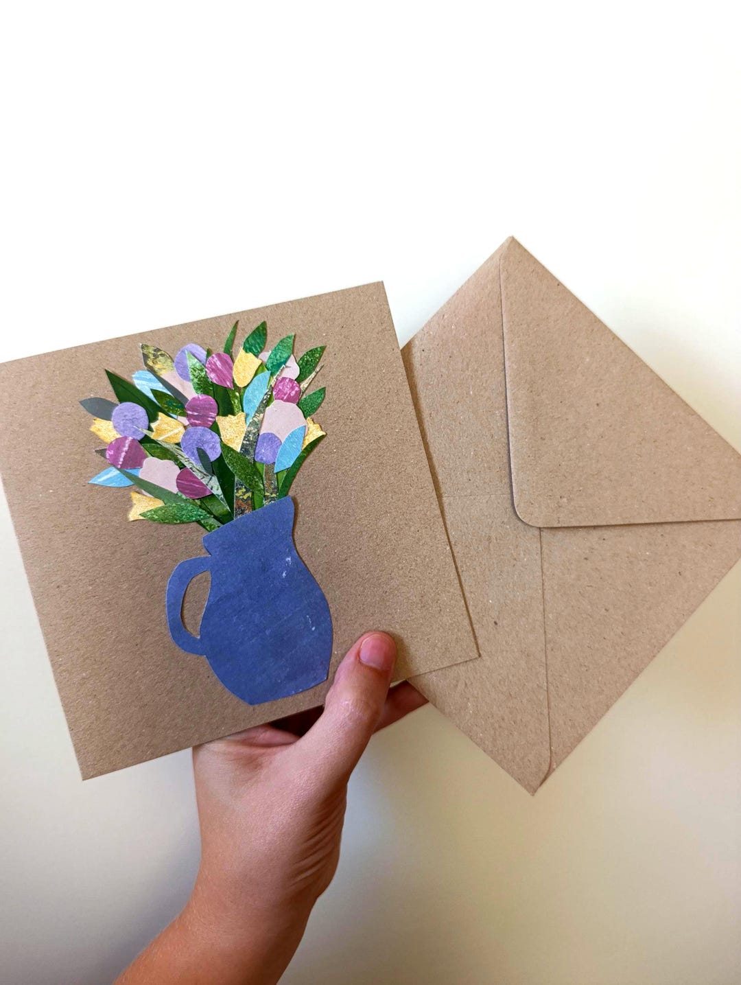 Handmade Paper Collage Card: Spring Flower Jug, Recycled Art - Etsy