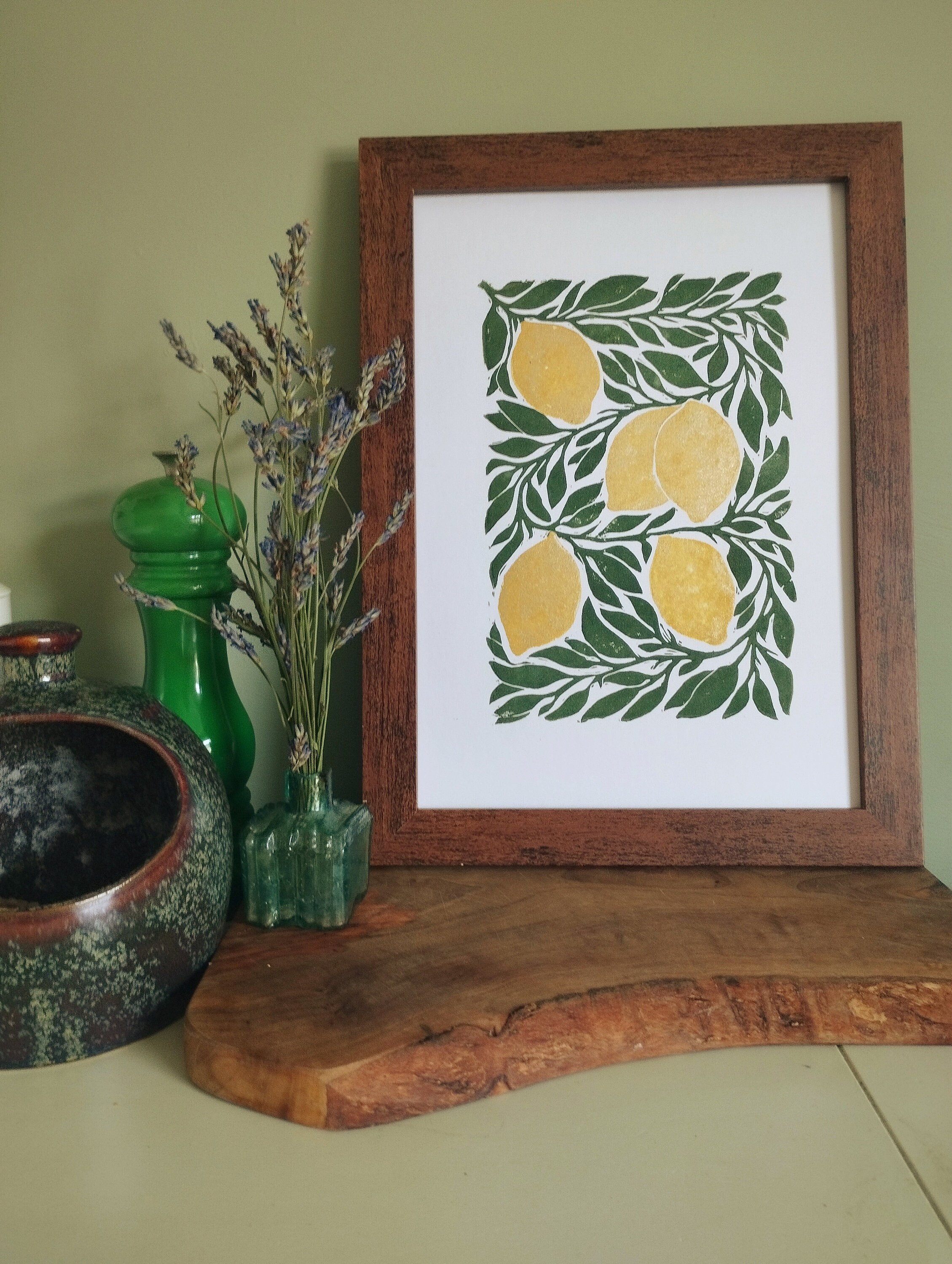 A4 Handcarved and Lino Print Lemon Wall Art. One of a Kind Print, Green ...