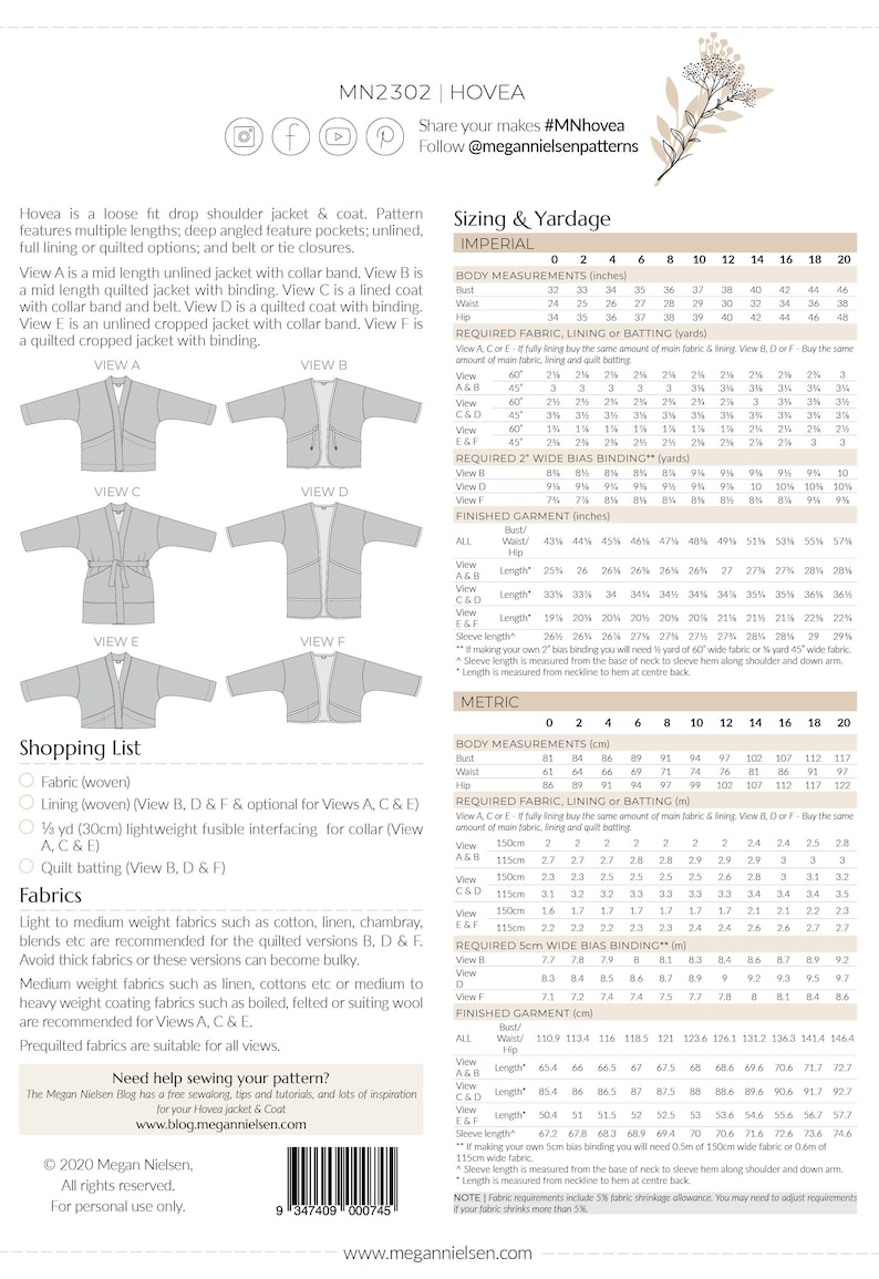 Hovea Quilted Jacket Sewing Pattern | Size 0-20 | Megan Nielsen ...