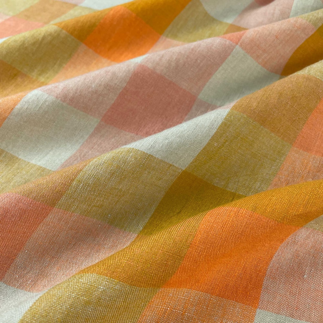 Island Life Laundered Linen Check Fabric in Bright Orange, Coral ...