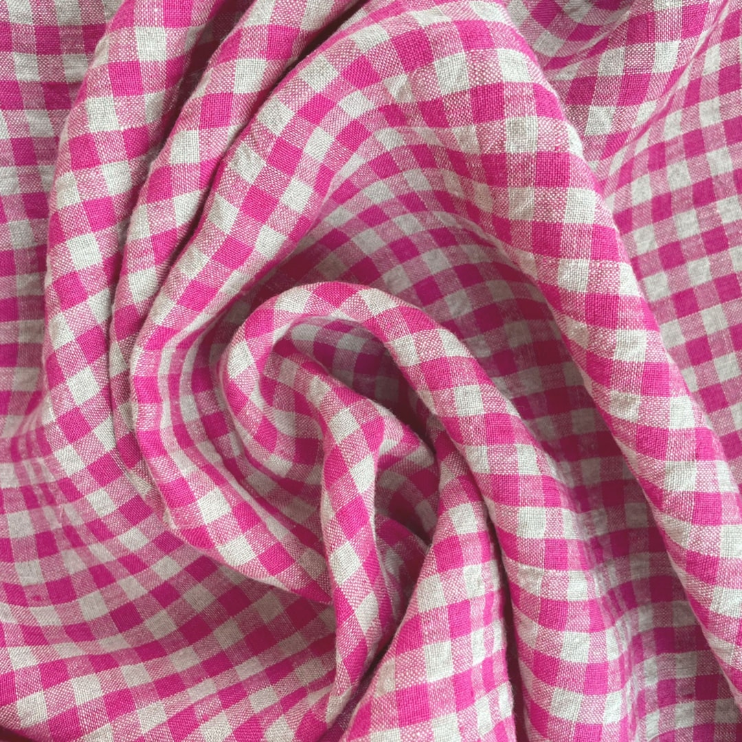 Linen Gingham Fabric in Electric Pink Stonewashed, European, Non-gmo ...