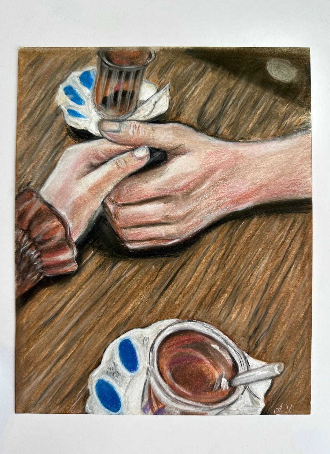 Tender Moment, Original Pastel Drawing, Hands Together With Cups of Tea ...