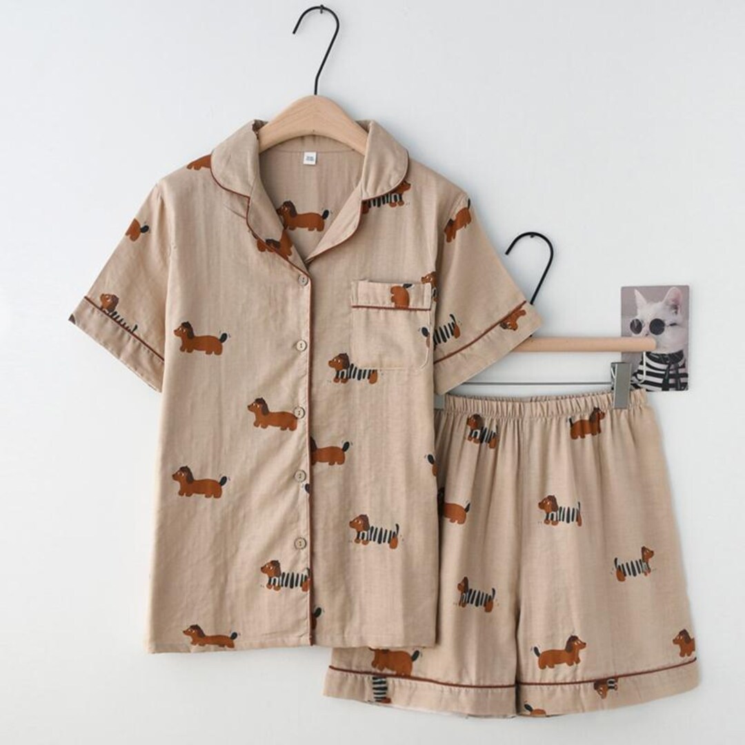 Cute Cartoon Dachshund Cotton Couple Pajama Set - Short Sleeve & Shorts ...