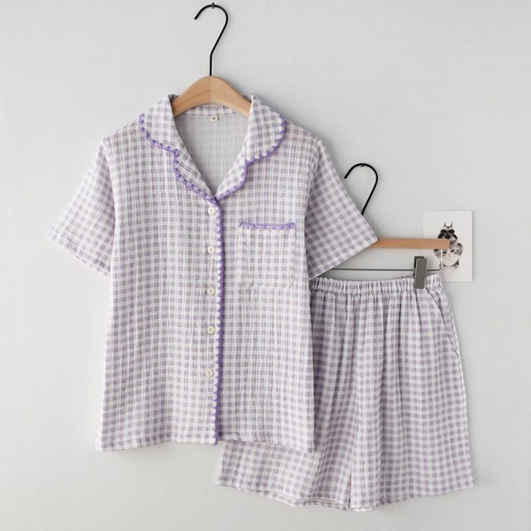 Embroidered Shell Plaid Cotton Pajama Set for Women - Short Sleeve ...