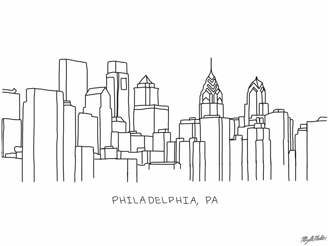 Philadelphia Skyline Drawing - White, Pink, Navy & Black **DIGITAL ...