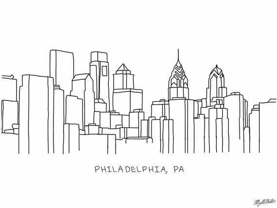 Philadelphia Skyline Drawing White Pink Navy & Black | Etsy