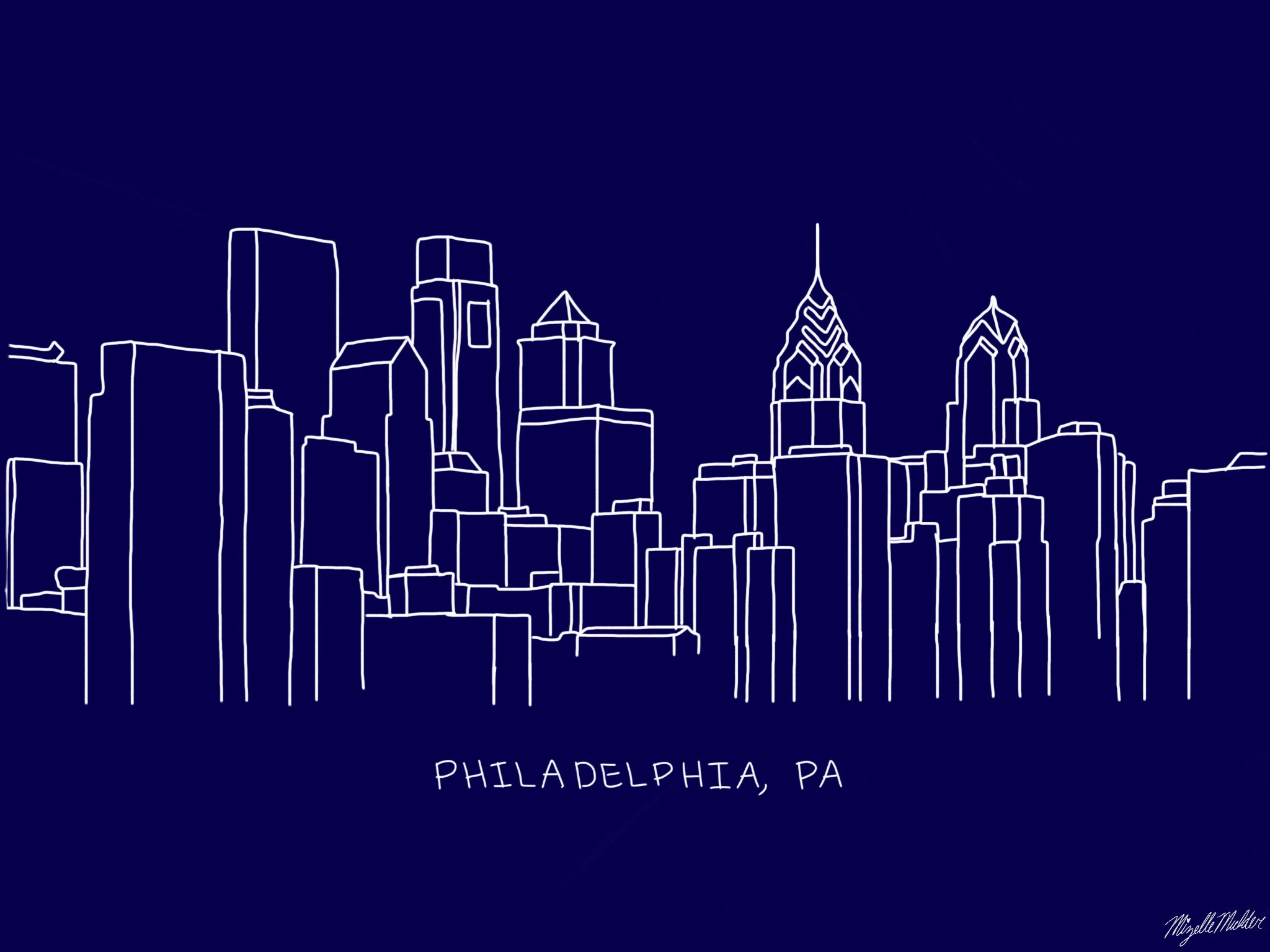 Philadelphia Skyline Drawing - White, Pink, Navy & Black **DIGITAL ...