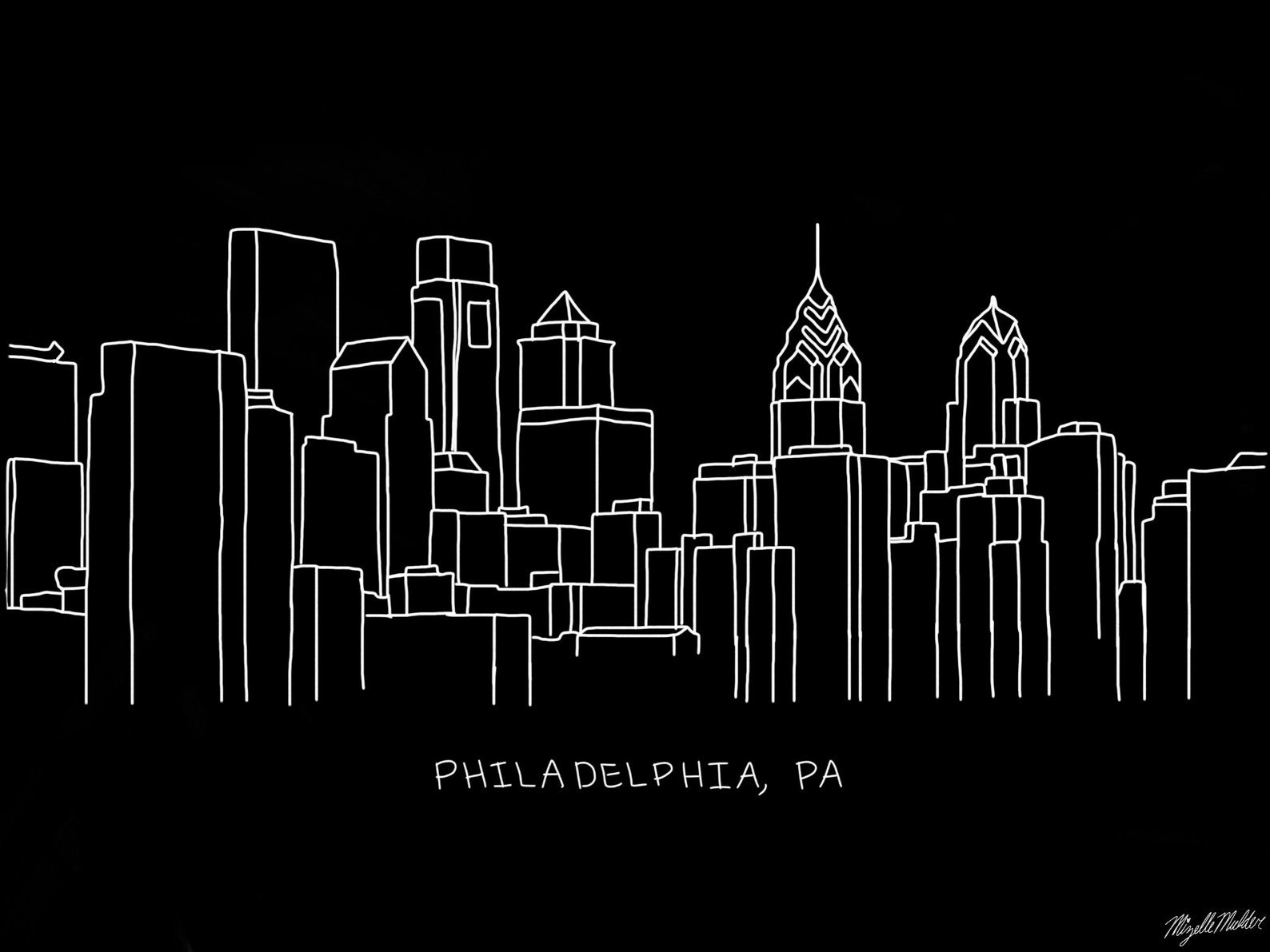 Philadelphia Skyline Drawing - White, Pink, Navy & Black **DIGITAL ...