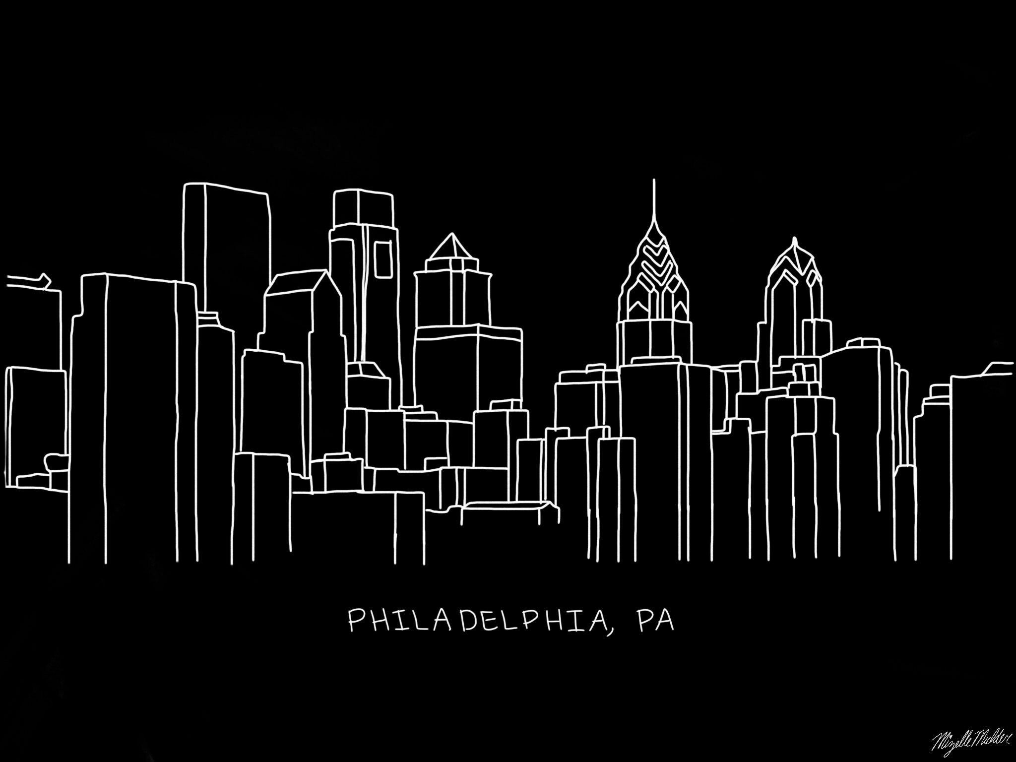 Philadelphia Skyline Drawing - White, Pink, Navy & Black **DIGITAL ...